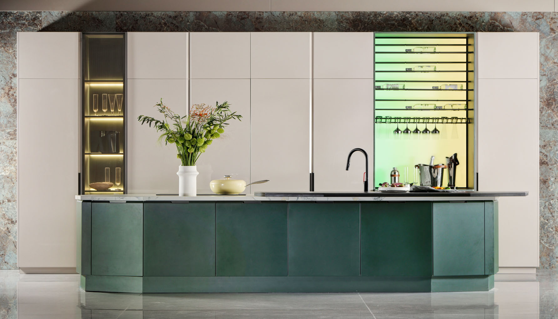 Contemporary White Kitchen Design with Green Island | OPPOLIA